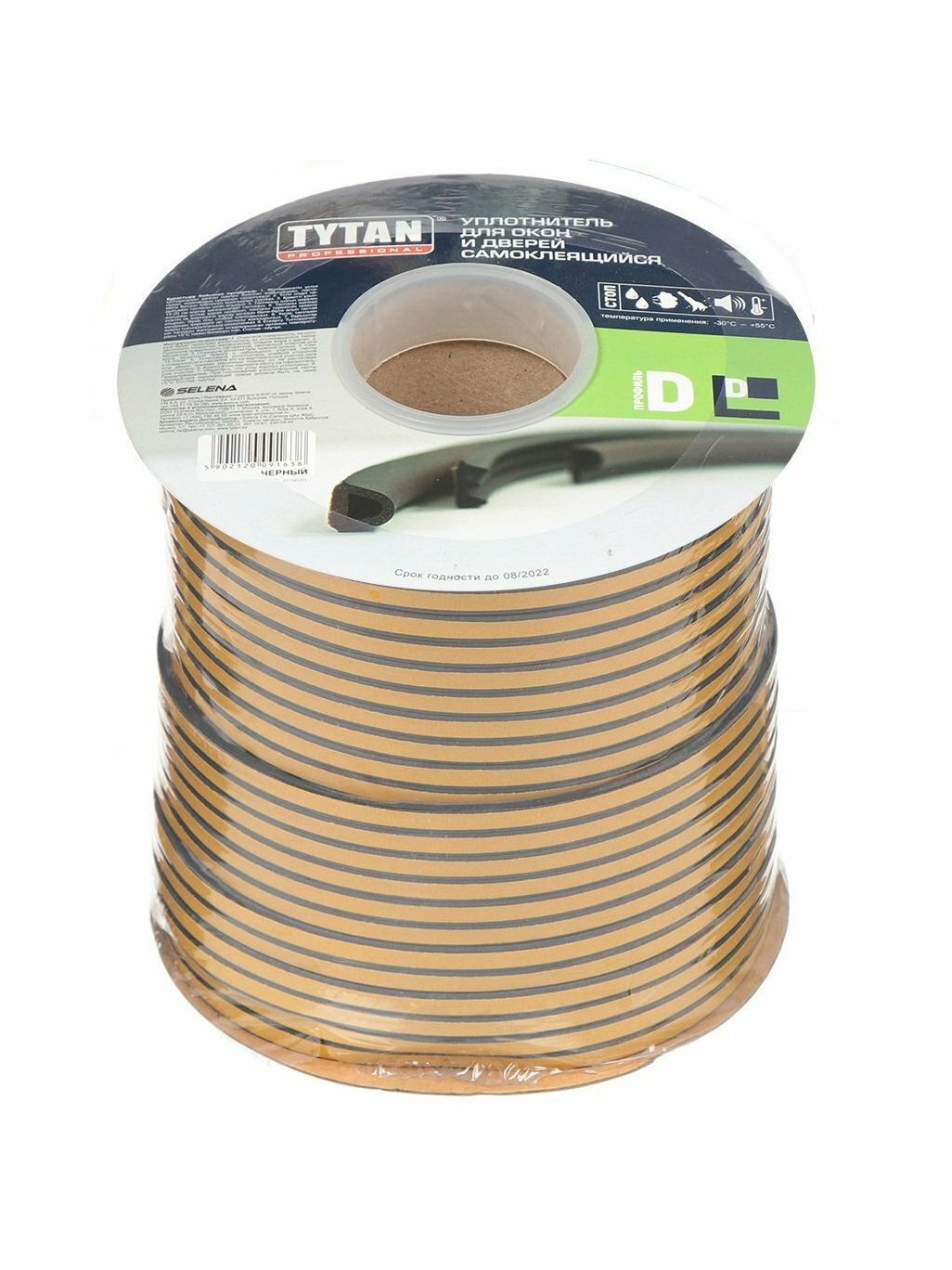 Уплотнитель Tytan D-профиль самоклеящийся для окон и дверей, черный, 9х7.5 мм, длина 100 метров, артикул 91430