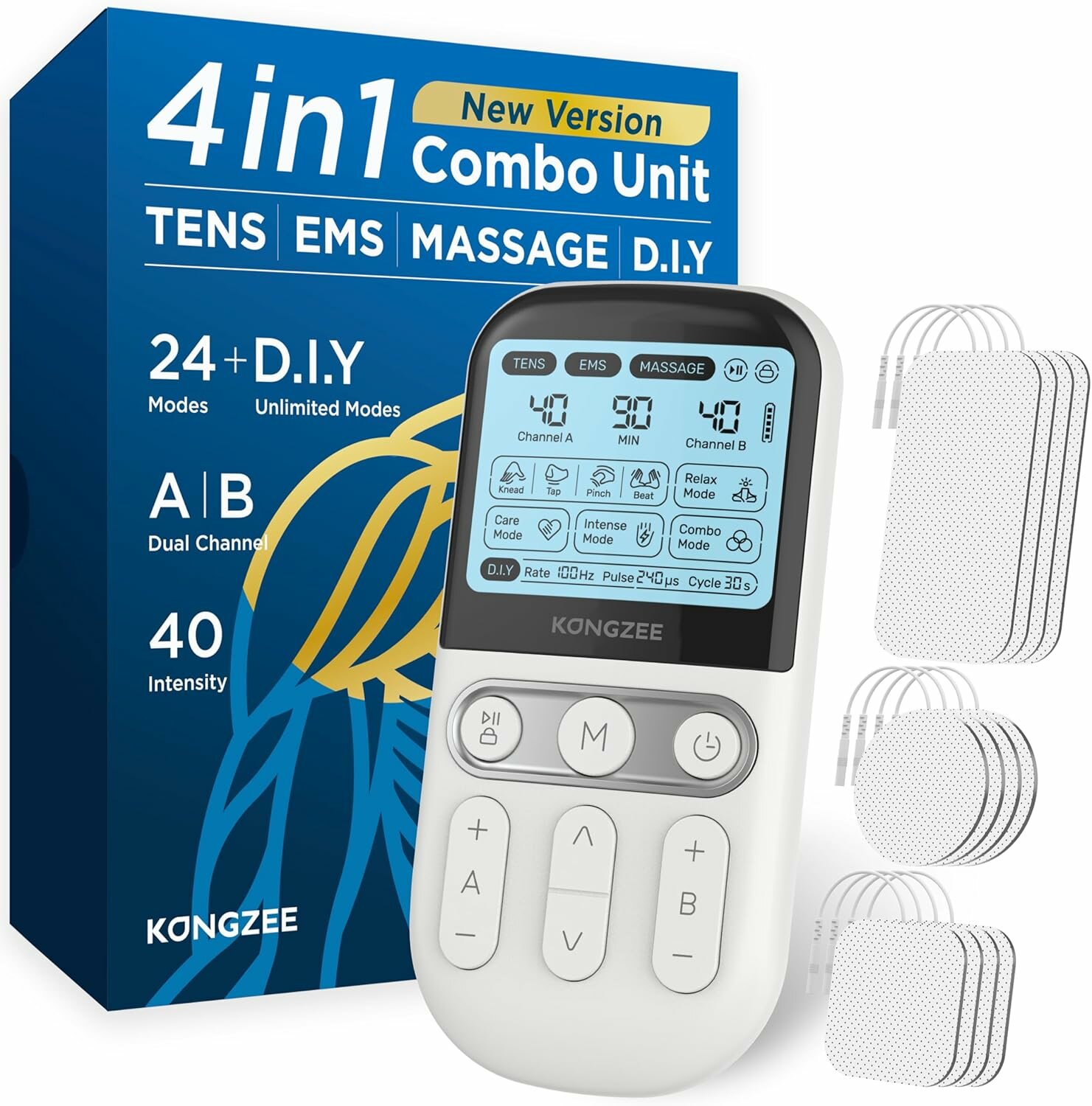 Kongzee Импульсный массажер для снятия боли 4 in 1 - D.I.Y & Tens Unit & EMS & Massage Muscle Stimulator, белый