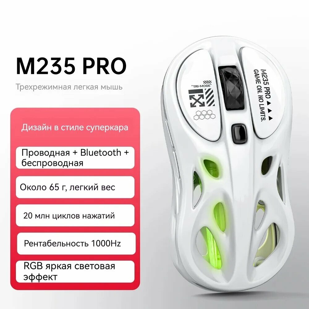 SENDEYUAN Мышь беспроводная Беспроводная мышь 3-в-1 (проводная + Bluetooth + 2.4 ГГц) - Дизайн суперкара, RGB-подсветка, 1000 Гц, Type-C, 4800 DPI, белый