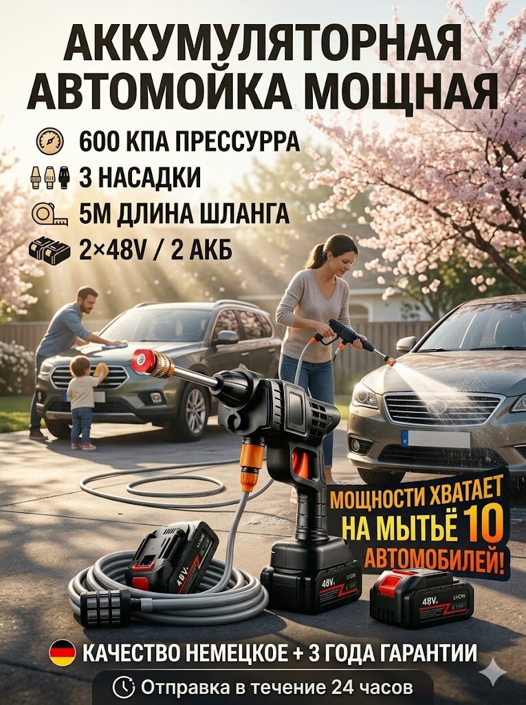 Мойка высокого давления аккумуляторная для автомобиля, Автомойка, в кейсе 2 аккумулятора, 3 насадки