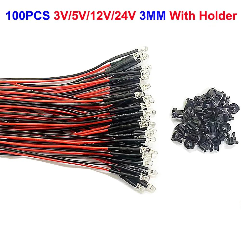 100шт Светодиоды 3мм 3-24V с держателем
