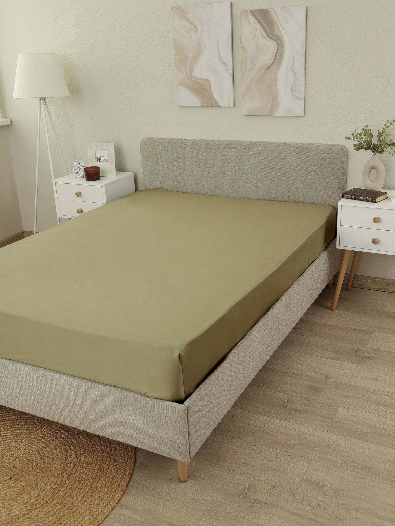 Простыня на резинке из сатина-люкс LORS-015 Elin (хаки), Простыня на резинке 90x200 (+30 см бортик)