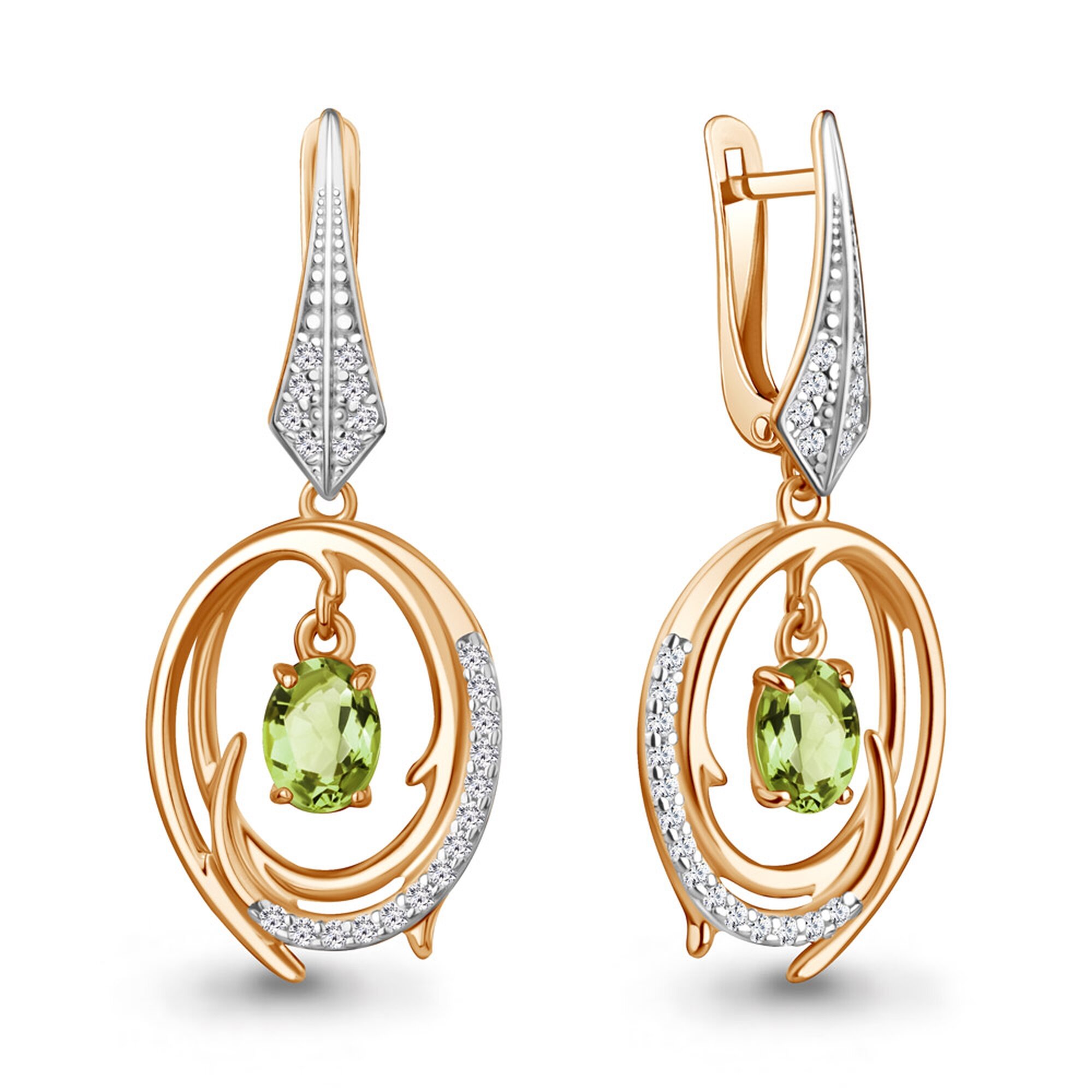 Серьги, серебро, 925 проба, золочение, фианит, хризолит