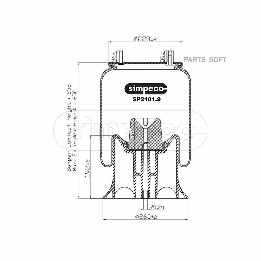 (134) SP21019013 SIMPECO Подушка воздушная 4159NP09 Fruehauf с пластиковым стаканом 1 шп.+1шп. от официального дистрибьютора, SIMPECO, артикул SP21019013