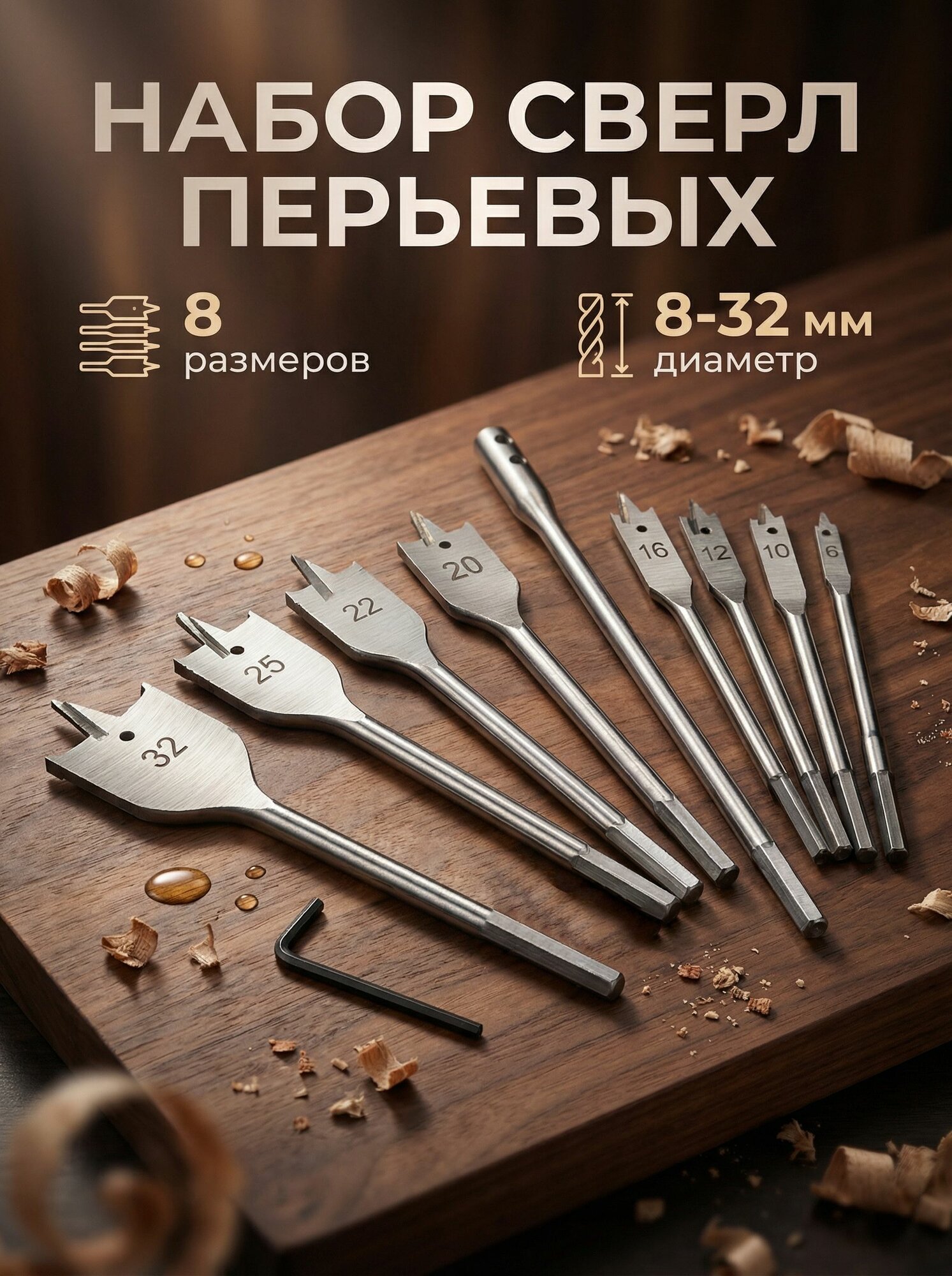 Сверла по дереву, набор перьевых сверл, перо по дереву, 8 шт, 6-32 мм
