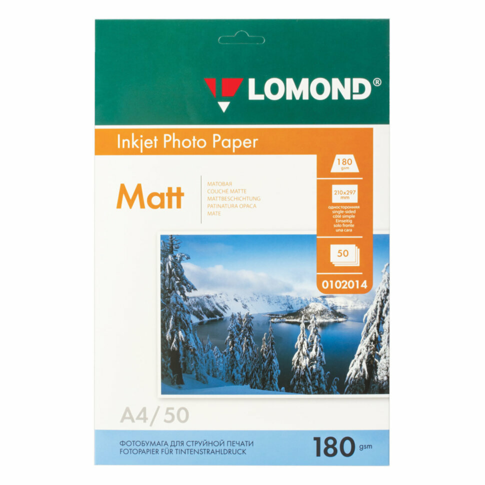 Фотобумага матовая, А4, 180 г/м2, односторонняя, 50 листов, LOMOND, 0102014, 360931
