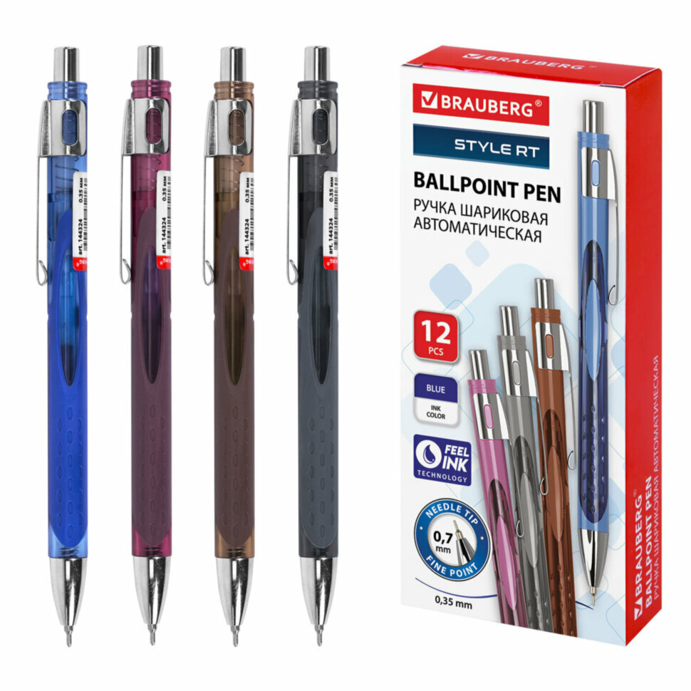 Ручка шариковая автоматическая с грипом BRAUBERG "STYLE RT", синяя, игольчатый наконечник 0,7 мм, линия письма 0,35 мм, 144324, 24 штук, 144324