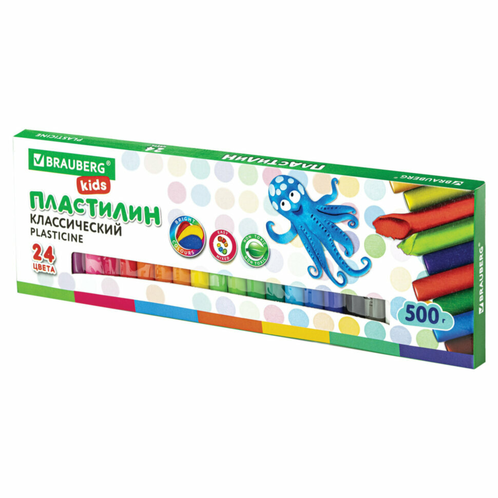 Пластилин классический BRAUBERG KIDS, 24 цвета, 500 г, высшее качество, 105874, 105874