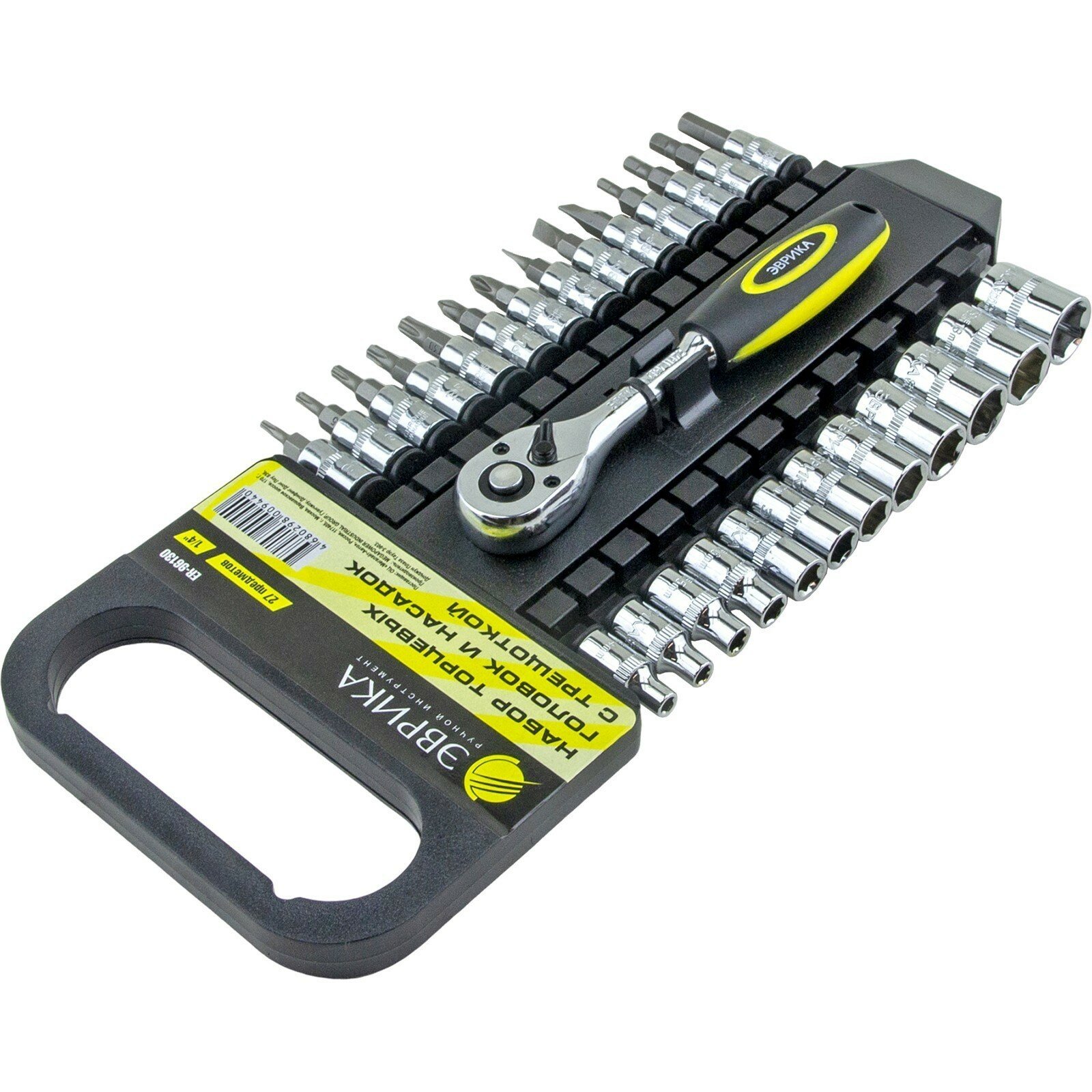 ER-96130 Набор торцевых головок и насадок с трещоткой ER-96130 1/4"DR 6-гранных 27 предметов (пластик. держатель)