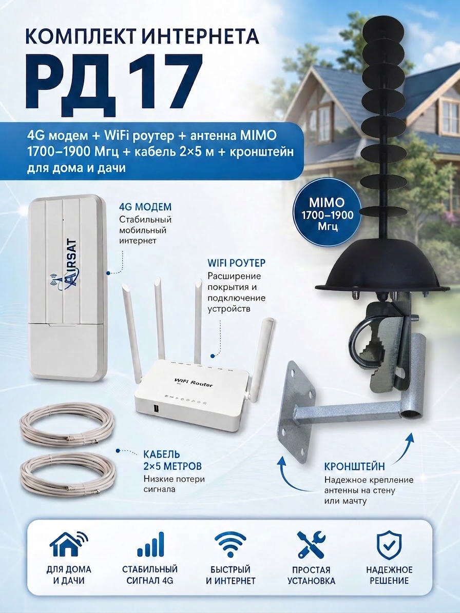 Комплект Интернета РД 17 Black - 4G модем + WiFi Роутер + Антенна Mimo для Дома и Дачи