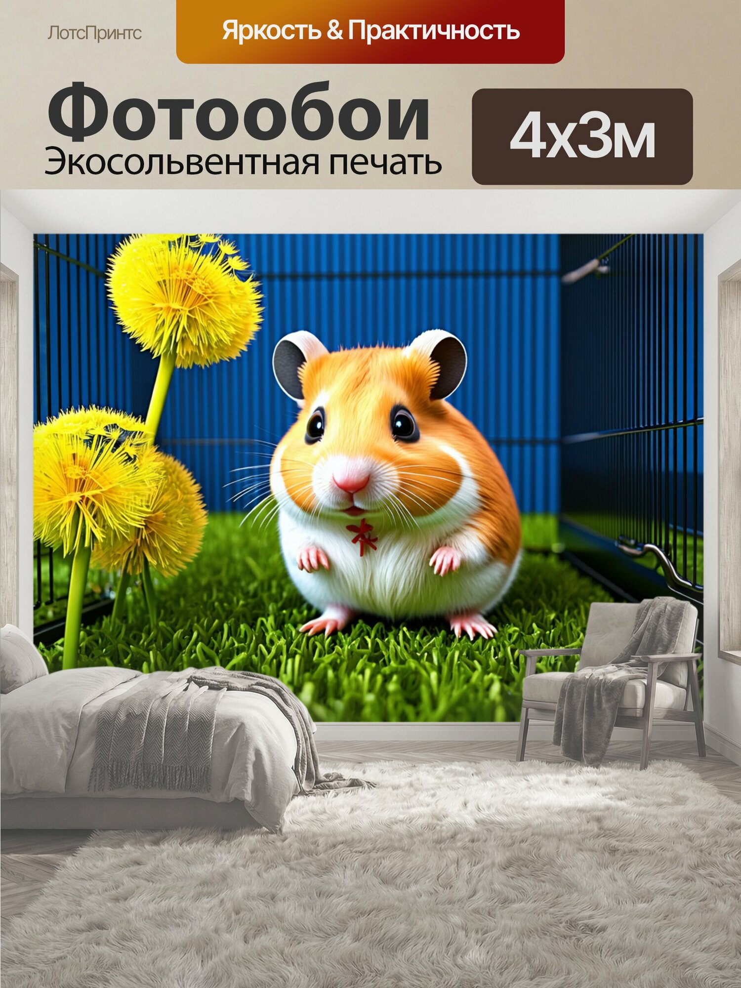 Фотообои "Хомячок, играющий с пушистыми одуванчиками в клетке, изображенный в технике 3d-моделирования. яркие и объемные детали делают." 400x300 см. экосольвентная печать