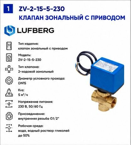 Клапан Lufberg ZV-2-15-5-230 зональный с приводом