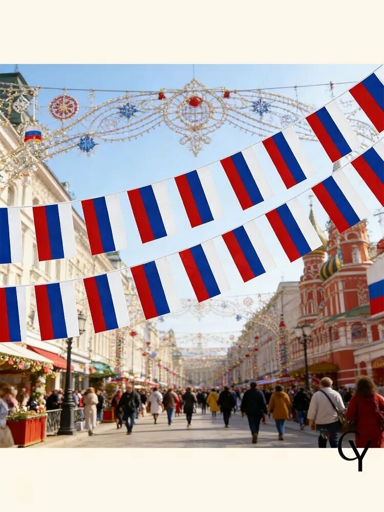 Гарденины с российским флагом для Дня Победы, 10 метров 35 флагов, декор для дома и торжеств.