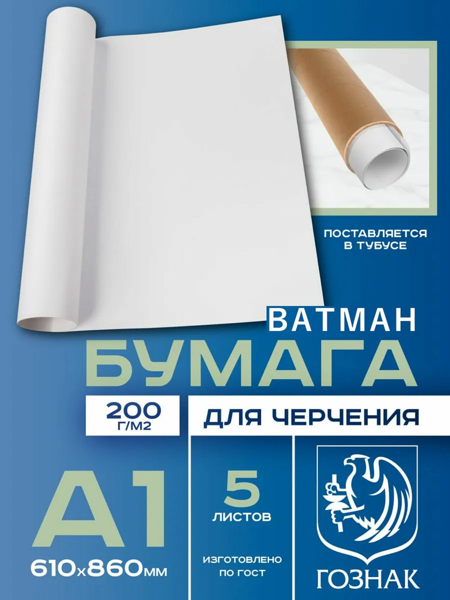 Набор ватманов чертёжных А1, 5 листов, 200 г/?2, гознак, цвет: белый