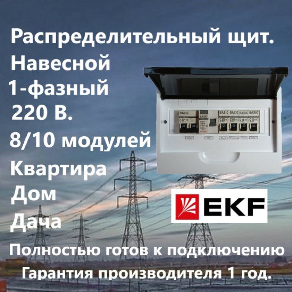 Щит в сборе, навесной,10 модулей, 220В, с заземлением, IP40, готов к подключению.