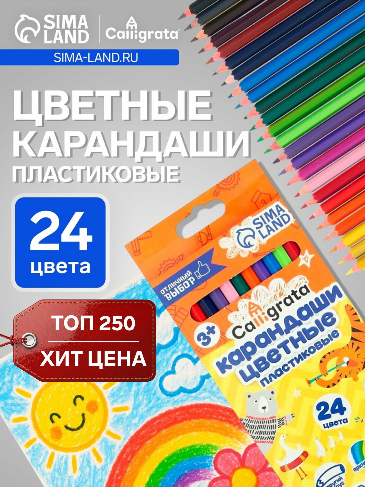Карандаши цветные, 24 цвета, эконом, шестигранные, пластиковые