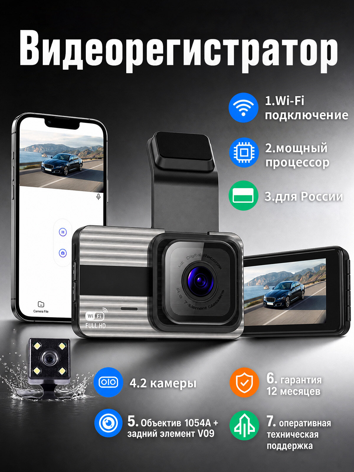 Видеорегистратор HX3303 с Wi-Fi, Full HD 1080P, 3.0" IPS экран, угол обзора 140, поддержка карт памяти до 32 ГБ, ночная съемка, датчик движения (Опционально), Русский язык