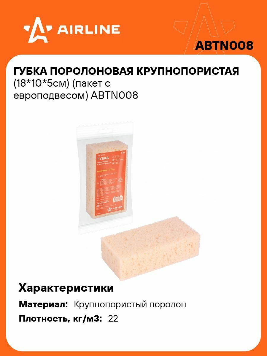 Губка 10 шт для мытья крупнопористая 18*10*5см, автомобильная, пакет с европодвесом AIRLINE ABTN008