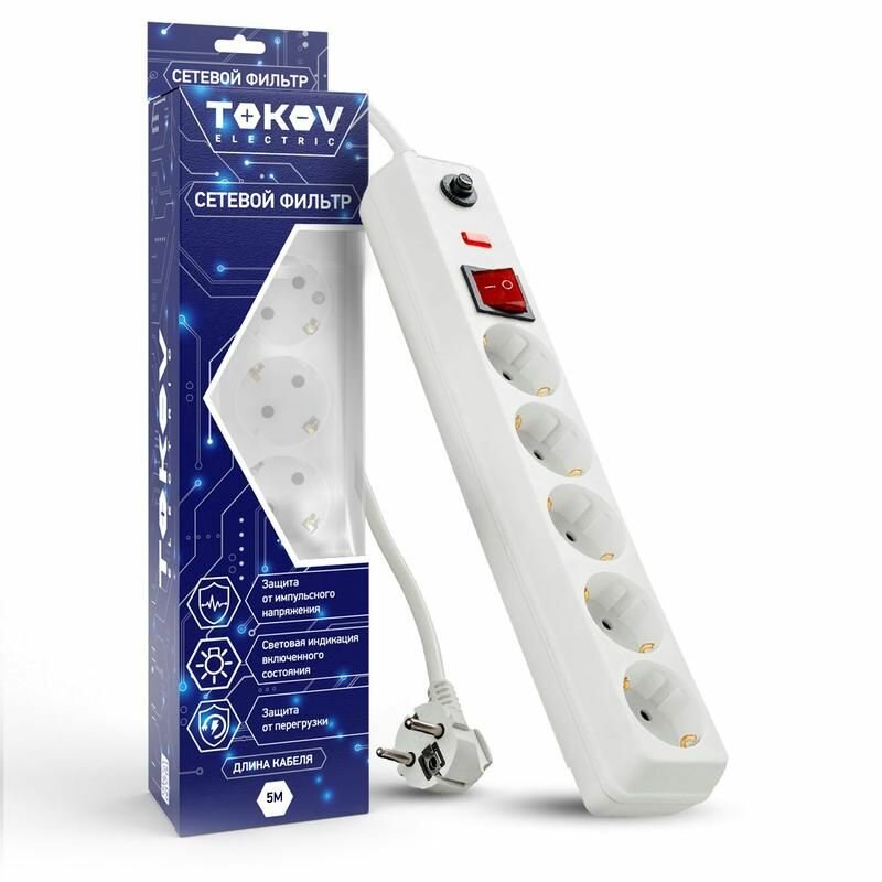 Удлинитель силовой TOKOV ELECTRIC с сетевым фильтром, 5х5 м, с заземлением, с выключателем, 16А, с защитой от скачков напряжения и перегрузок, 3х1 мм2, белый