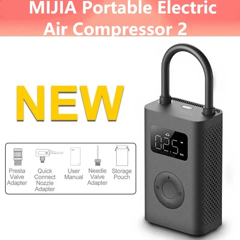 Портативный Электрический Компрессор Xiaomi Mijia Air Pump 2 С Увеличенной Скоростью На 25% (150 PSI), Type-C, LED