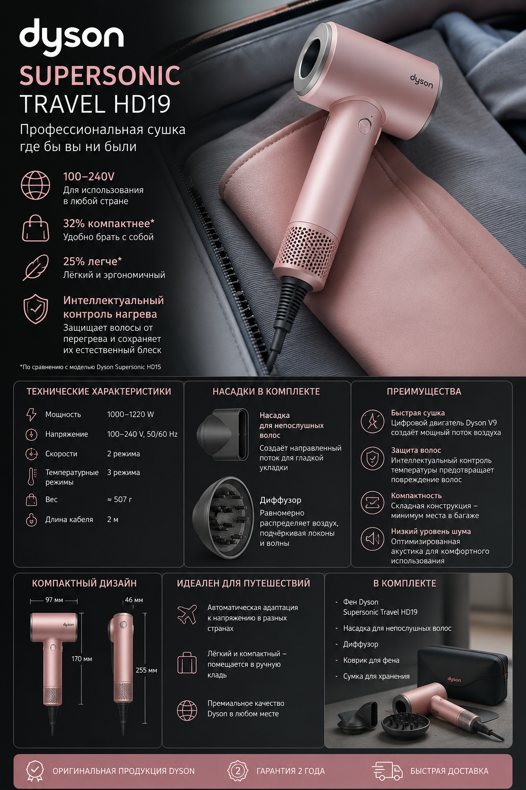 Dyson Фен для волос Компактный высокоскоростной фен Dyson HD19