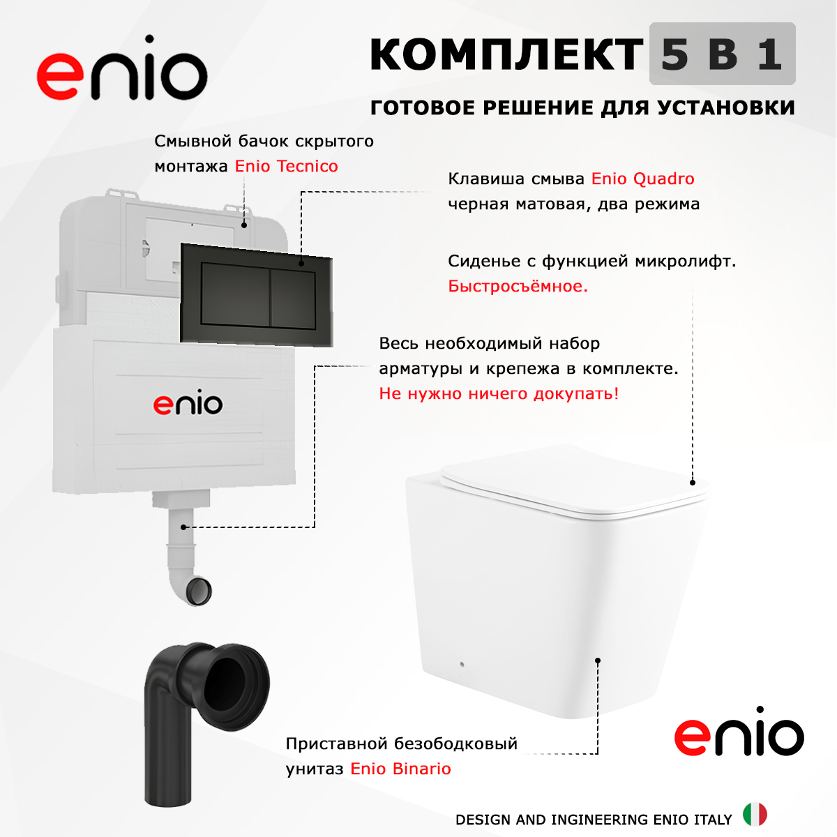 Комплект 3 в 1 смывной бачок скрытого монтажа Enio Tecnico + Унитаз приставной Enio Binario с кнопкой черной Quadro