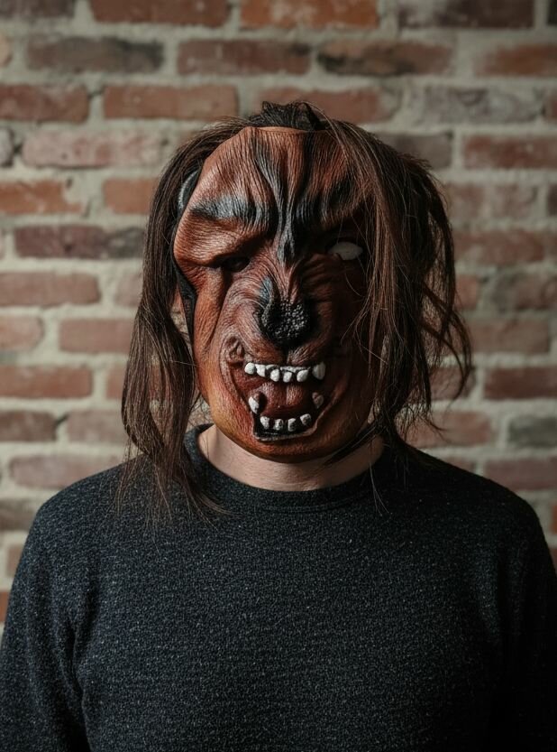 Маска на Halloween, Злая собака с белыми зубами, коричневые волосы, латекс, 20х21см