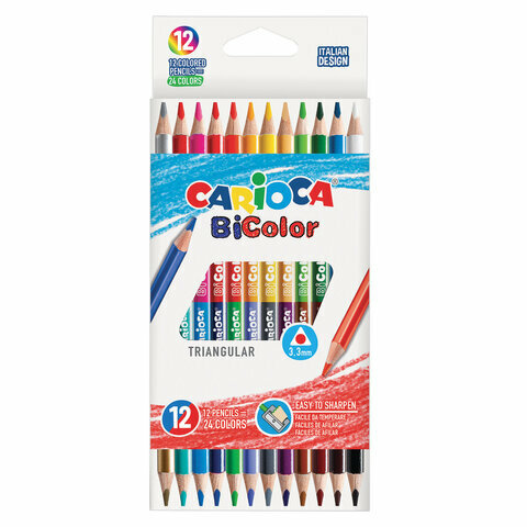 4 шт. Карандаши двусторонние CARIOCA "Bi-color", 12 штук, 24 цвета, трехгранные, грифель 3 мм, натуральное дерево, 42991