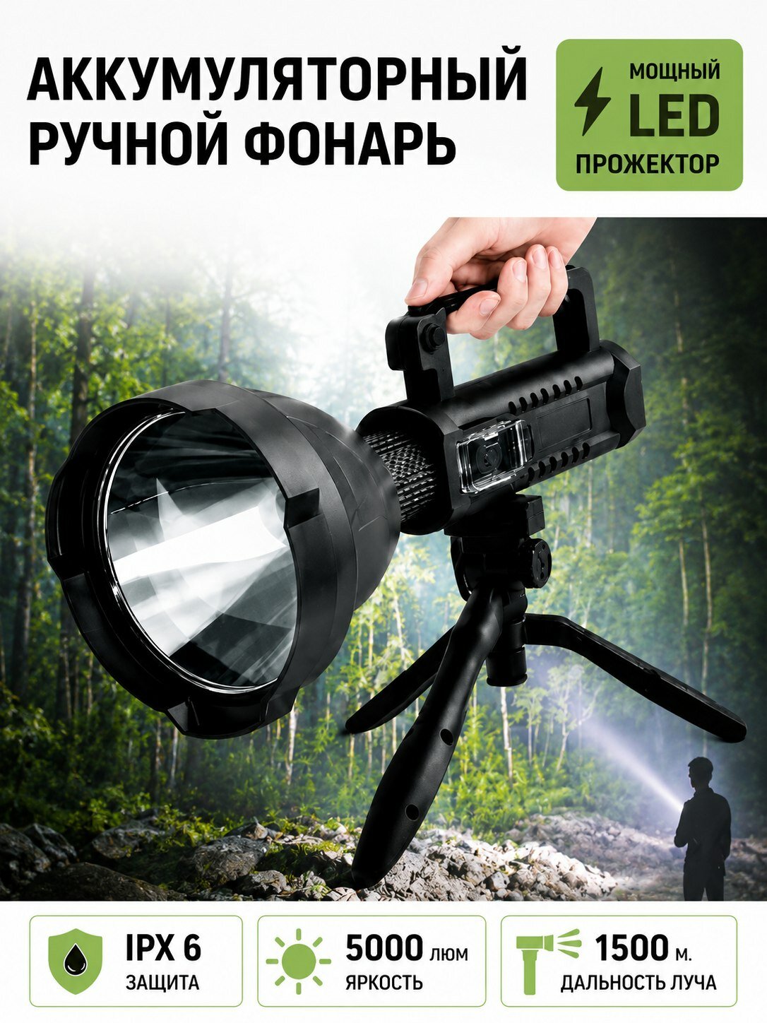 Мощный аккумуляторный светодиодный прожектор с высокой яркостью, 4 режимами работы и водонепроницаемым корпусом, представлен как эксклюзивный бестселлер
