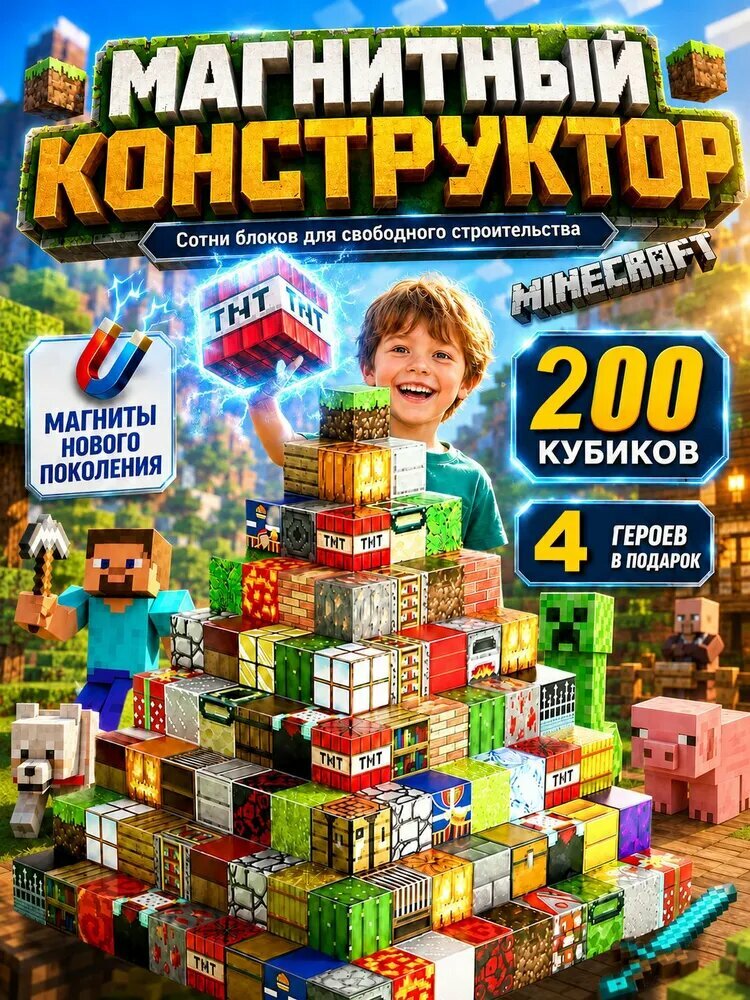 Магнитный конструктор Майнкрафт, 200 деталей +4 фигурок, детская игрушка , в цветной коробке, подарок для ребёнка