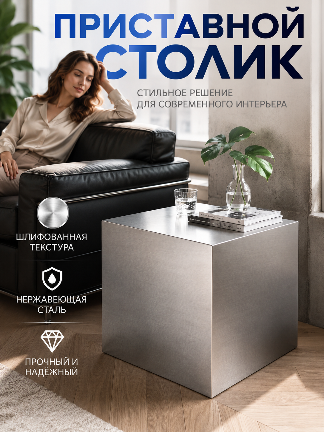 Приставной столик металлический куб компактный, прикроватная тумба из стали для хранения вещей в современном интерьере