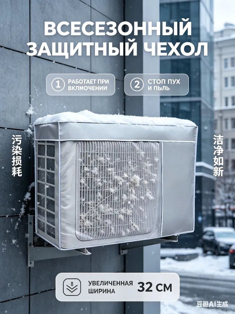 Чехол для кондиционера на внешний блок, 80х32х57 см - сетчатый кожух для сплит-системы 1.5P, универсальная защита от снега, пыли и пуха, серебристый.