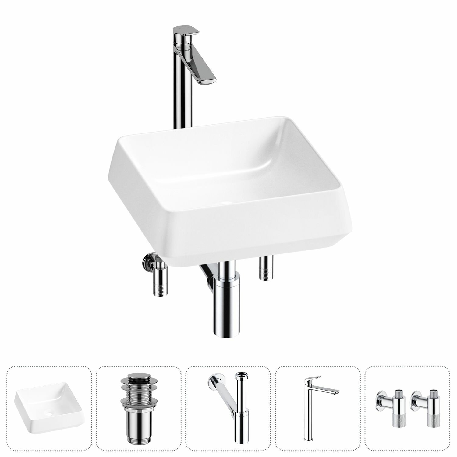 Накладная раковина для ванной Lavinia Boho Bathroom Sink 20215424R в наборе 5 в 1: раковина 38 см (белый глянец), донный клапан, сифон, смеситель, вентили (цвет набора хром)