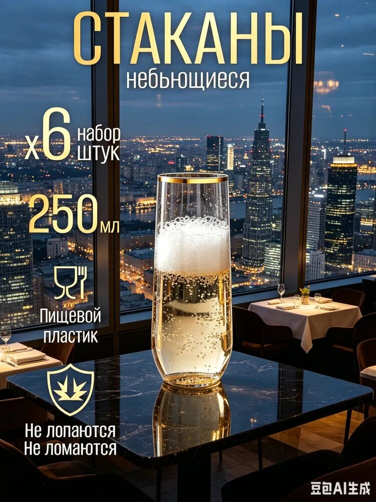 Стаканы для шампанского 6 шт, с золотой каймой, из безопасного пластика, не бьются