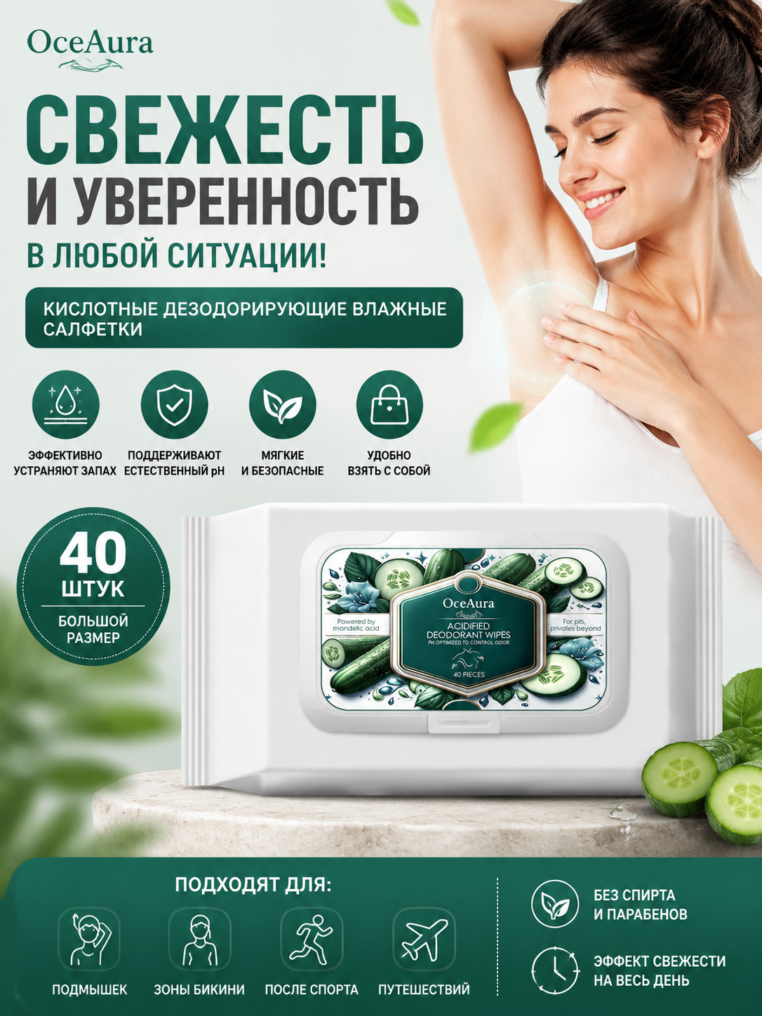 OceAura очищает подмышки от неприятного запаха, запаха тела, пота, портативные салфетки 40 штук