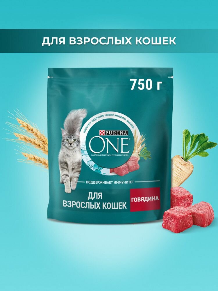 Сухой корм для кошек Purina ONE, с говядиной с цельными злаками, 750 г с говядиной цельными злаками 750 г