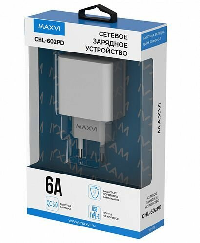 Сетевое зарядное устройство для быстрой зарядки Maxvi (CHL-602PD) USB A + USB-C / 6A / QC 3.0 белое