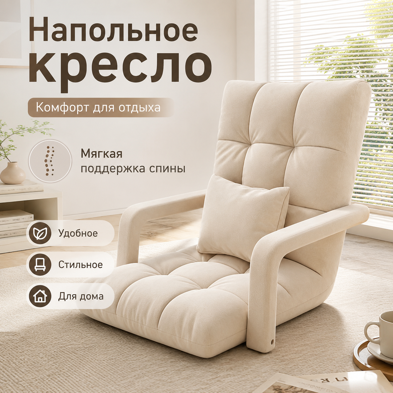 Напольное мягкое кресло с подлокотниками, регулируемая спинка для подоконникаа, подушка в подарок