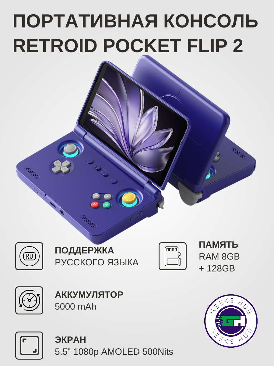 Портативная игровая консоль Retroid Pocket Flip 2, фиолетовая