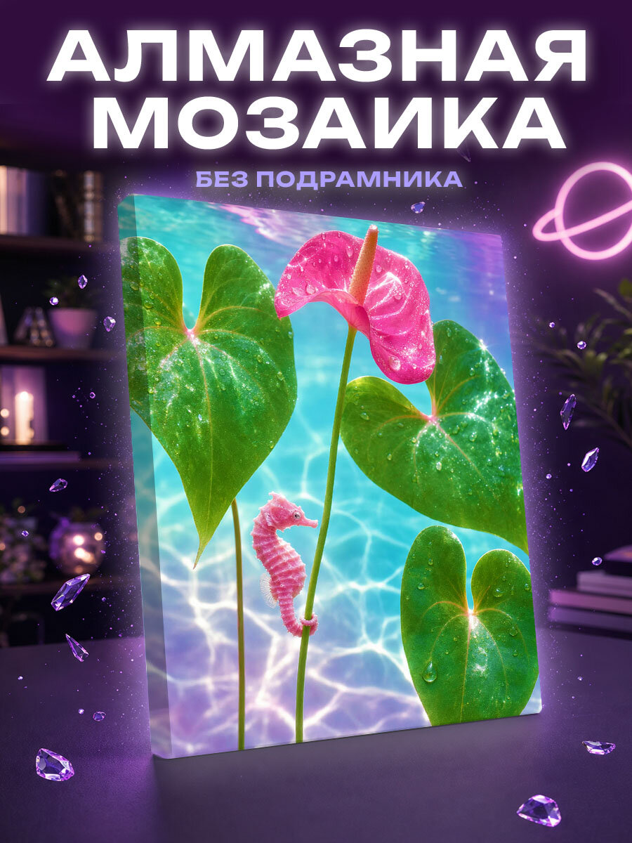 Алмазная мозаика Розовый конёк среди антуриума