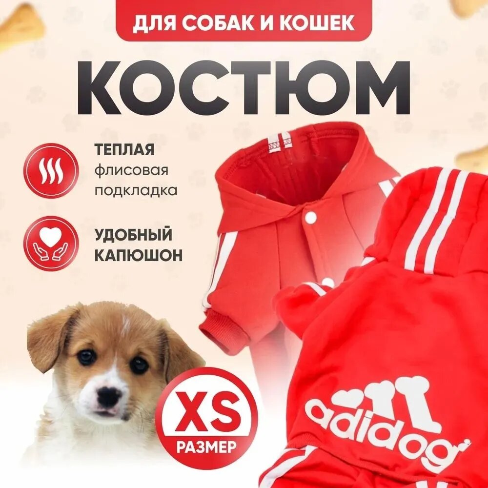 Adidog, Комбинезон для домашних животных, Одежда для собак, Спортивная куртка для собак, Костюм кошки(XS, красный)