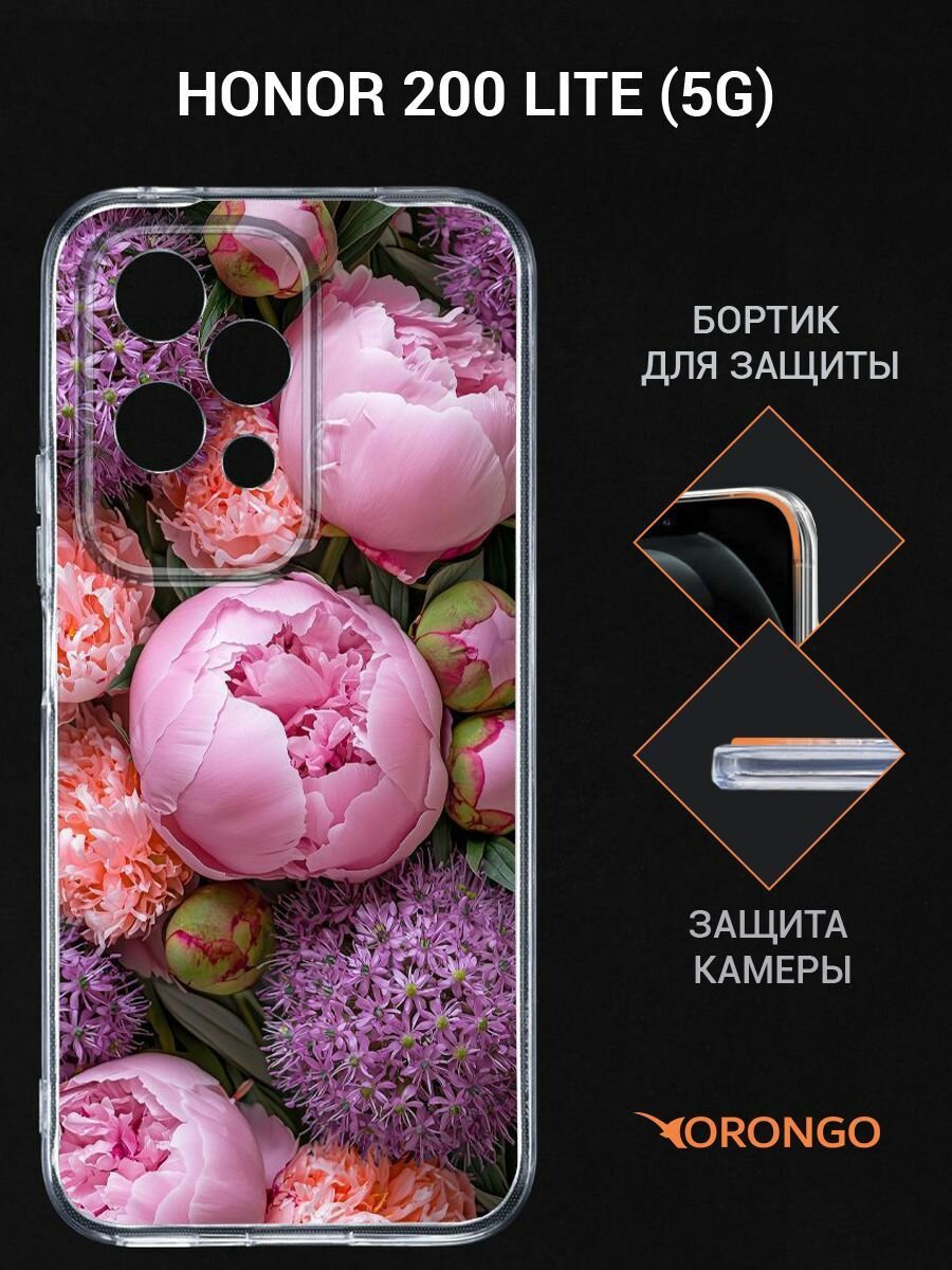 Чехол на Honor 200 Lite 5G прозрачный с рисунком, с защитой камеры, с принтом бутоны розовые / Хонор 200 Лайт
