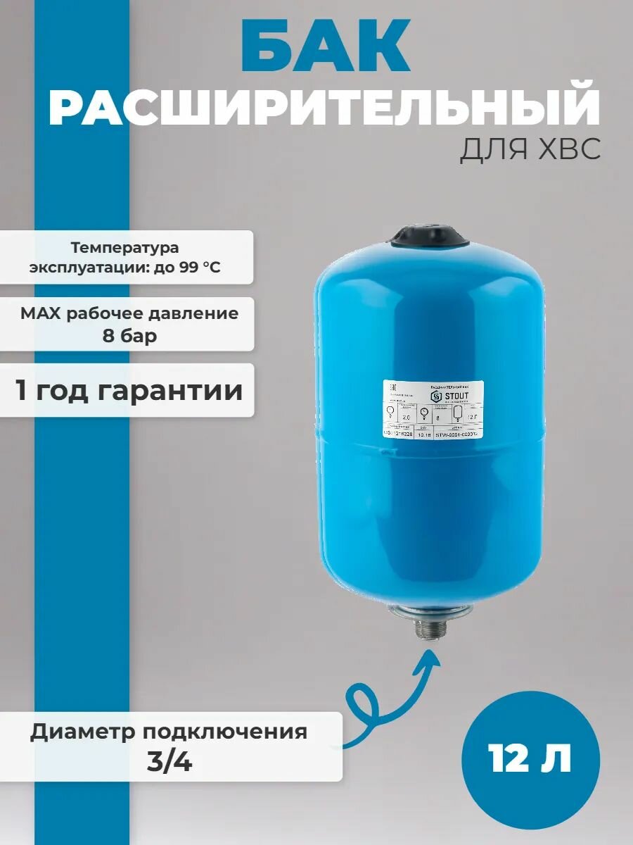 Расширительный бак, гидроаккумулятор STOUT 12 л. вертикальный