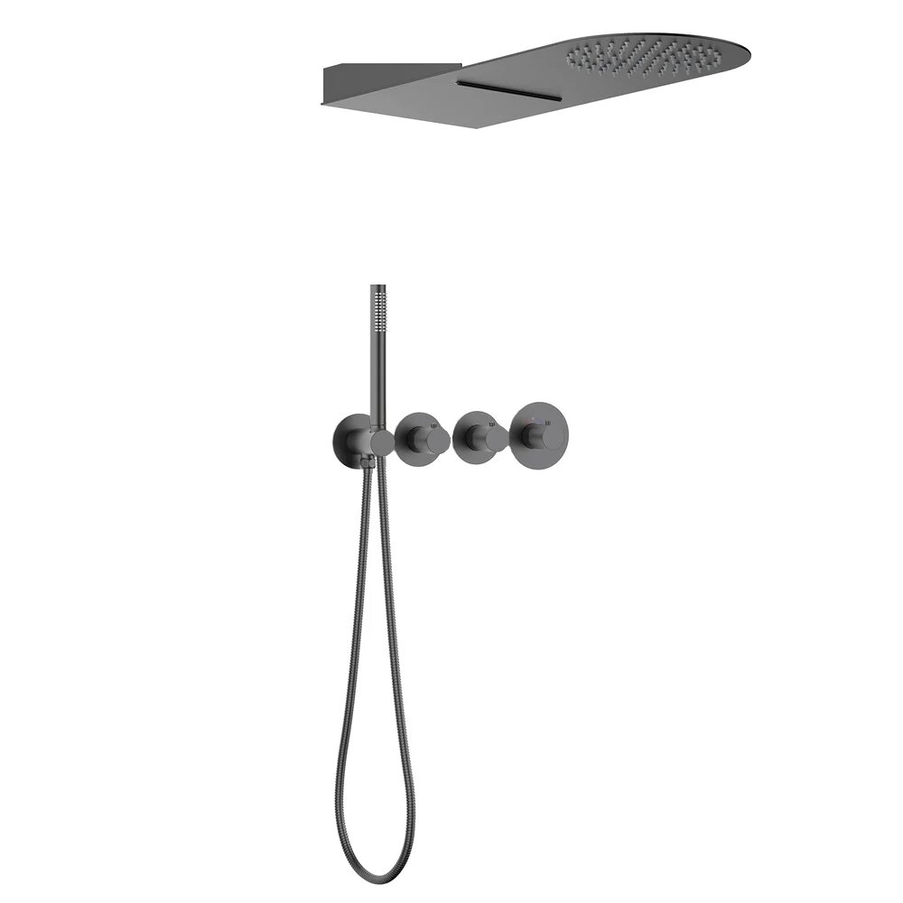 Душевой комплект Timo Saona SX-2350/18SM 4 в 1, встраиваемый, с внутренней частью в комплекте, с термостатом, со смесителем, латунный, вороненая сталь, матовый, душевая система