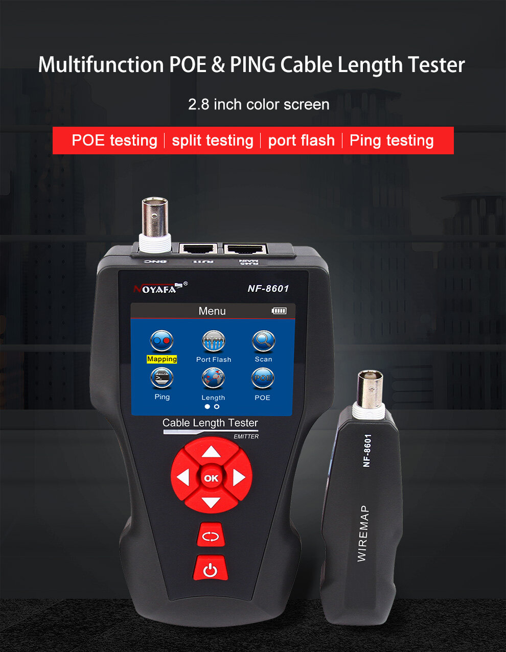 Тестер NOYAFA NF-8601, RJ45/RJ11/BNC, PoE/PING, поиск неисправностей, фильтр помех