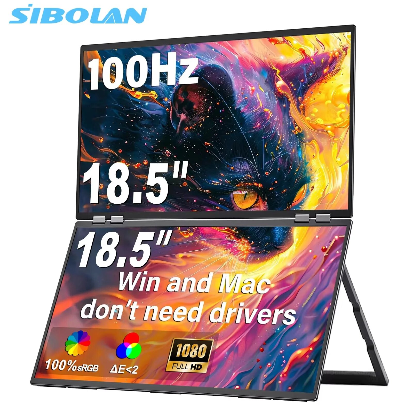 SIBOLAN 18.5-дюймовый двойной портативный монитор 100Гц 1080P Full HD с экраном 100% sRGB, экстендер, тройное складывание, USB C HDMI для ноутбука, мини-ПК