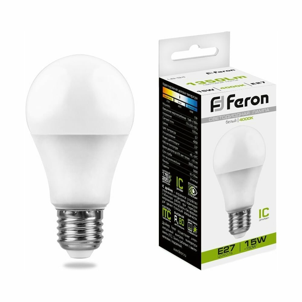 Светодиодная лампа FERON Шар E27 15W 4000K LB-94 25629