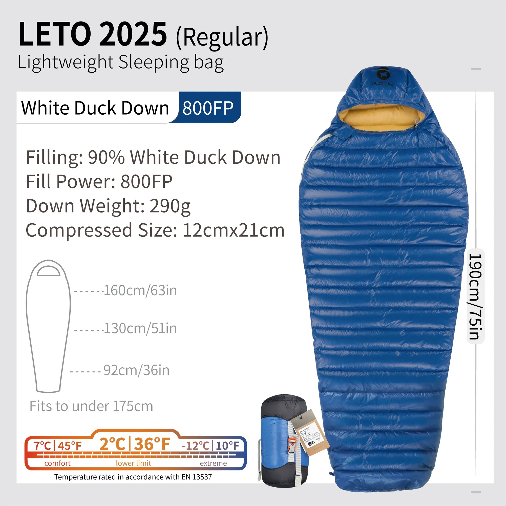 AEGISMAX LETO-2025 800FP спальный мешок из утиного пуха LETO-Blue-Regular