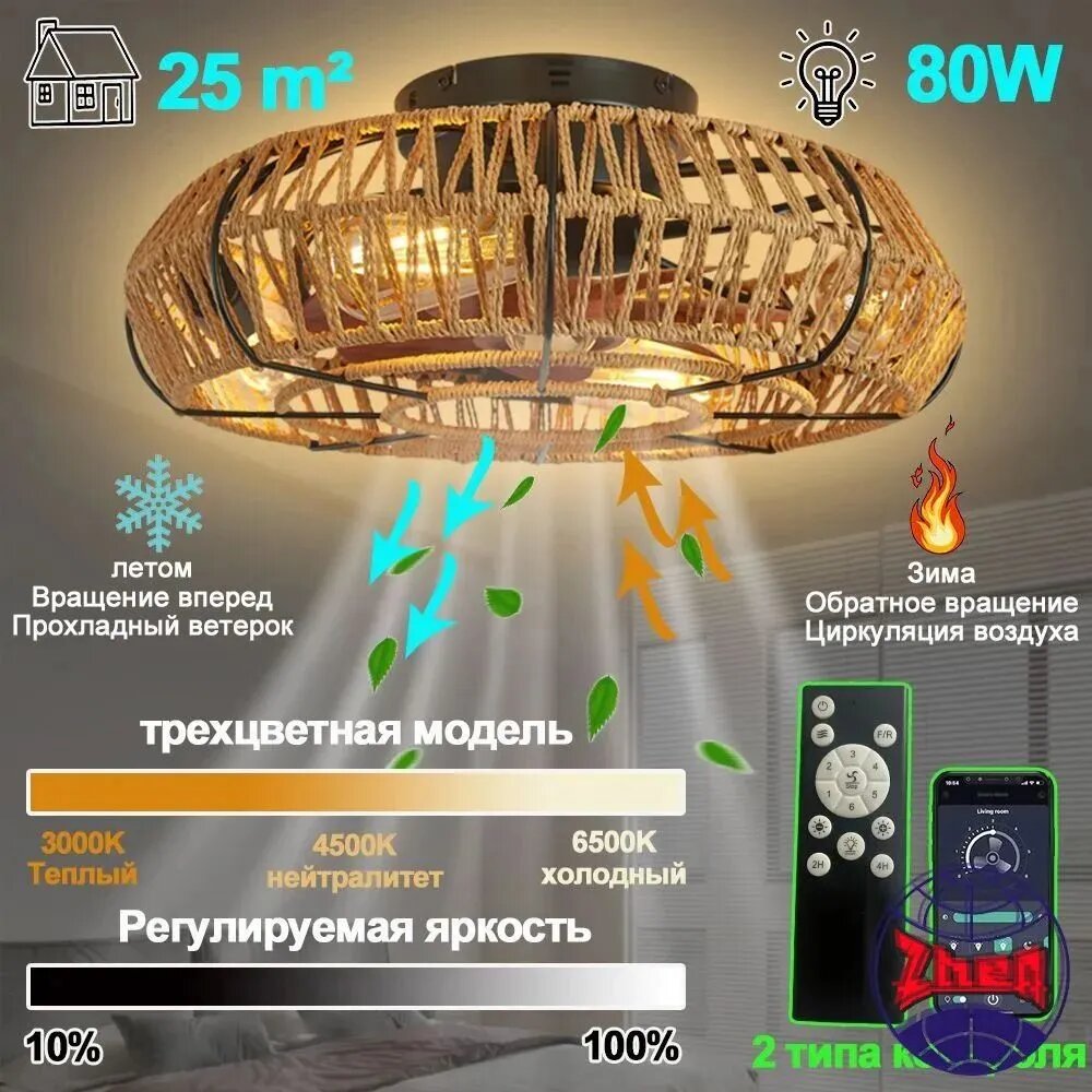 Люстра потолочная с вентилятором, 80 Вт, площадь освещения 25 кв. м, регулируемая яркость, 3 режима температуры света, ДУ, Коричневый