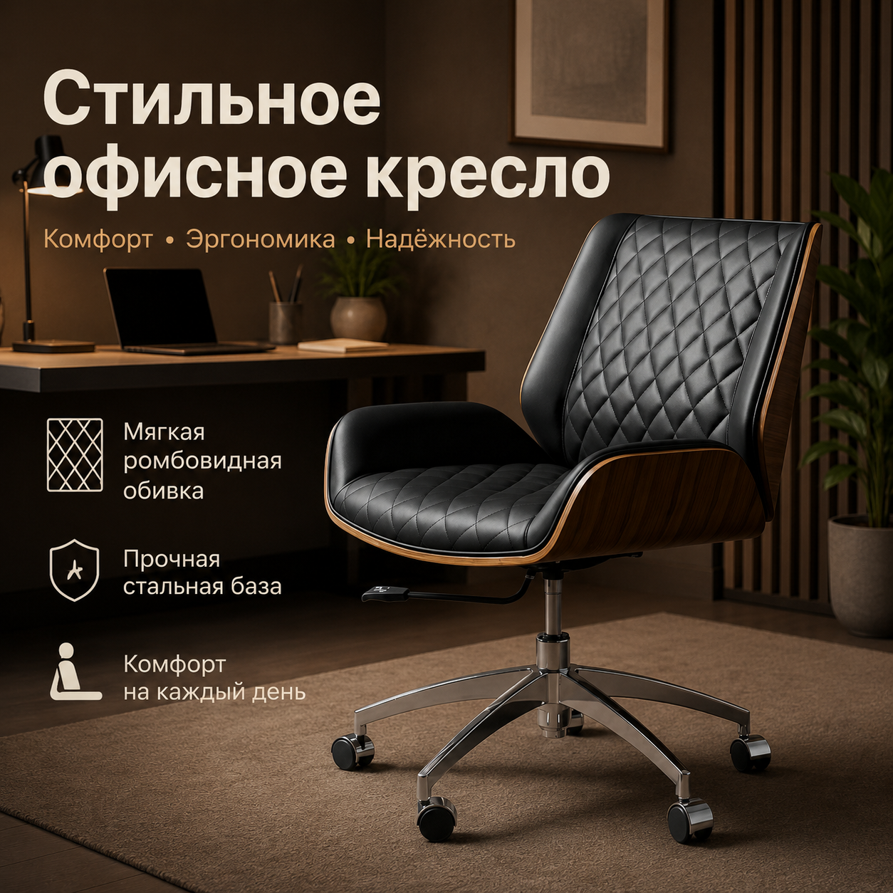 Вращающееся рабочее кресло с ортопедической спинкой и ромбовидной строчкой, 1 шт.